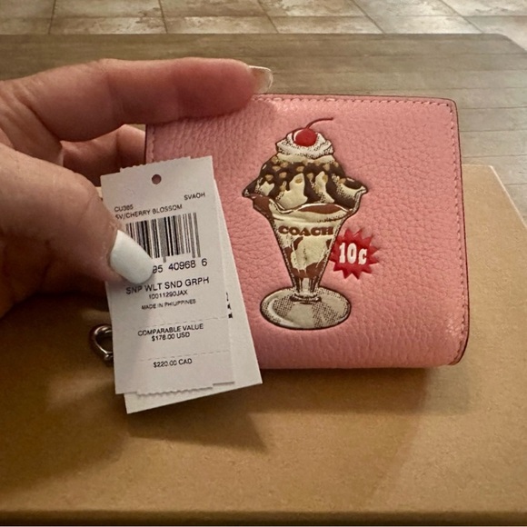 Coach | Bags | Coach Pink Pebbled Leather Snap Wallet With Sundae ...